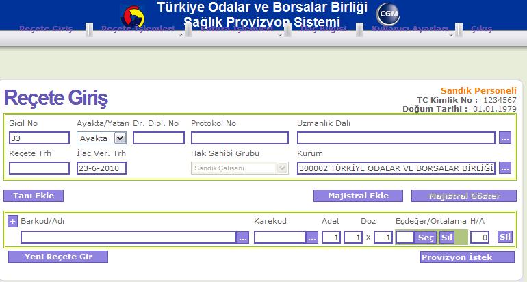 Resim 4.1.3 Reçete Giriş ekranı